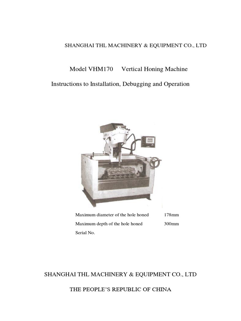 Model VHM170 Vertical Honing Machine Instructions To Installation ...