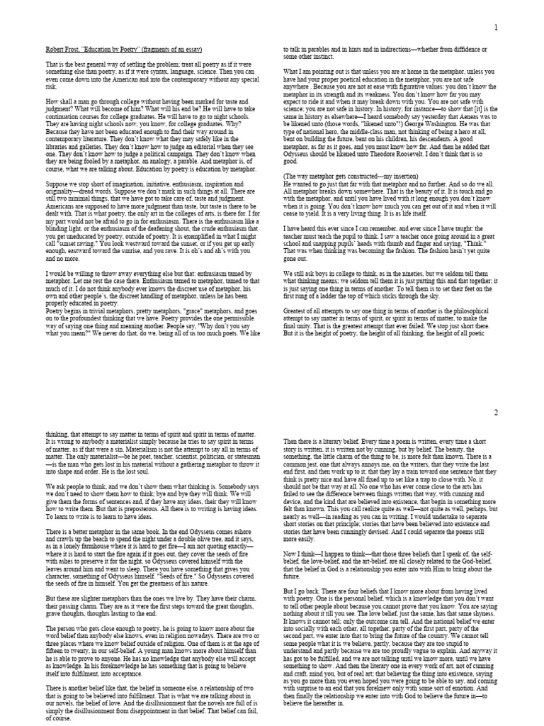 Robert Frost Essay Education by Poetry | PDF