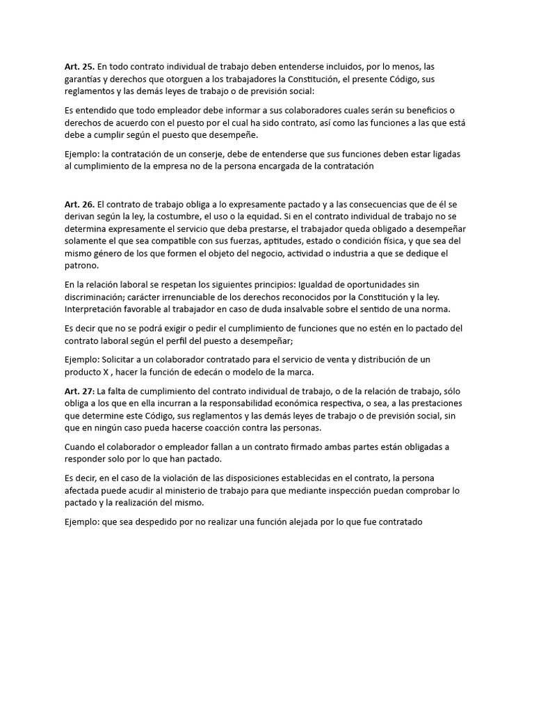 Explicacion de Los Articulos 25,26 y 27 Del Codigo de Trabajo | PDF | Derecho laboral | Economias