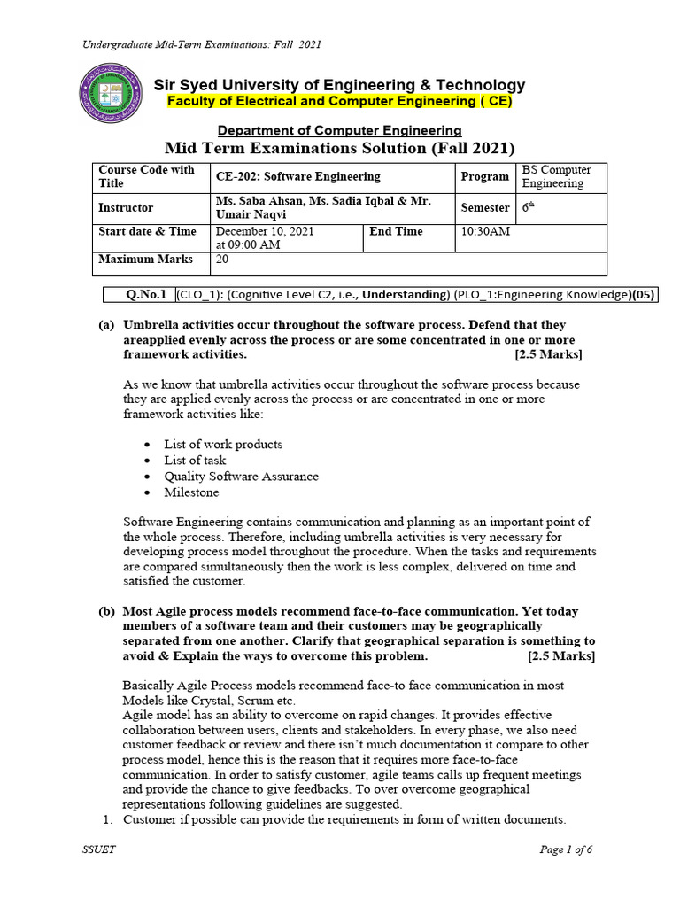 CE-202 Software Engineering Midterm Solution Fall 2021 | PDF