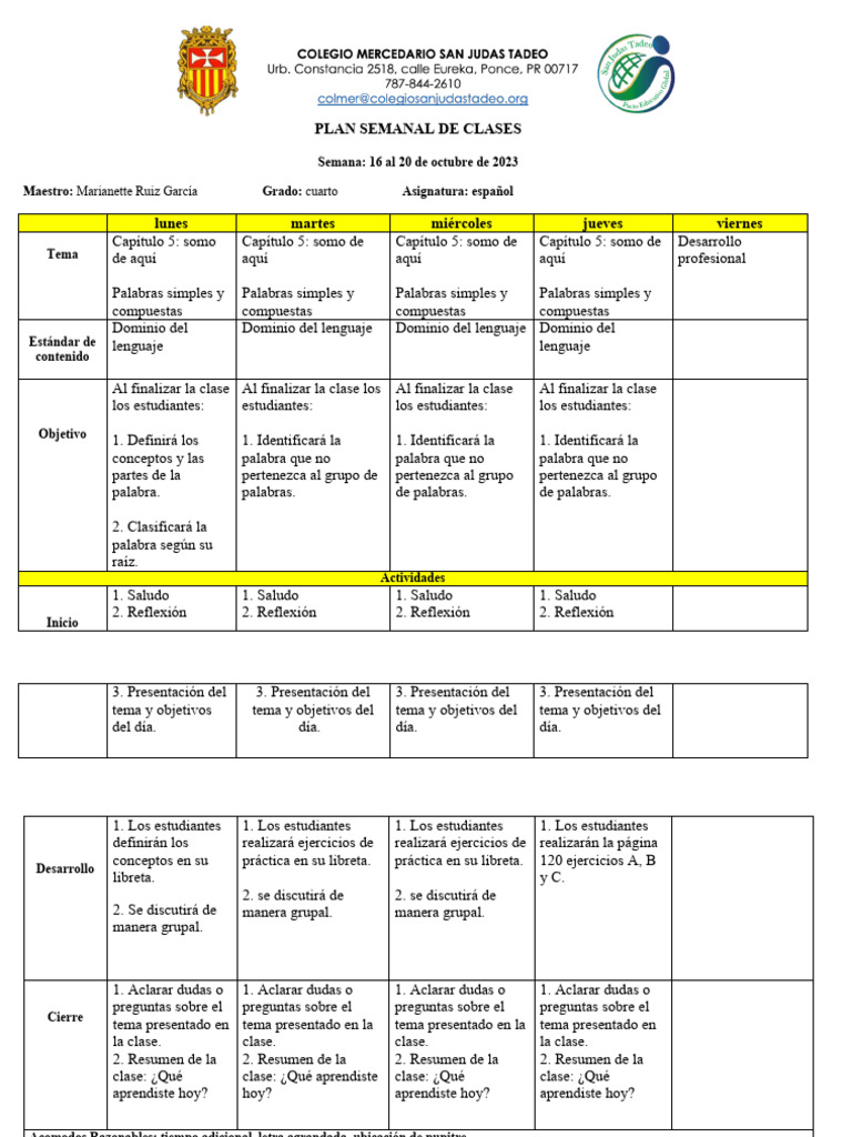 Planificación 16 Al 20 de Octubre 2023 Cuarto Grado | PDF