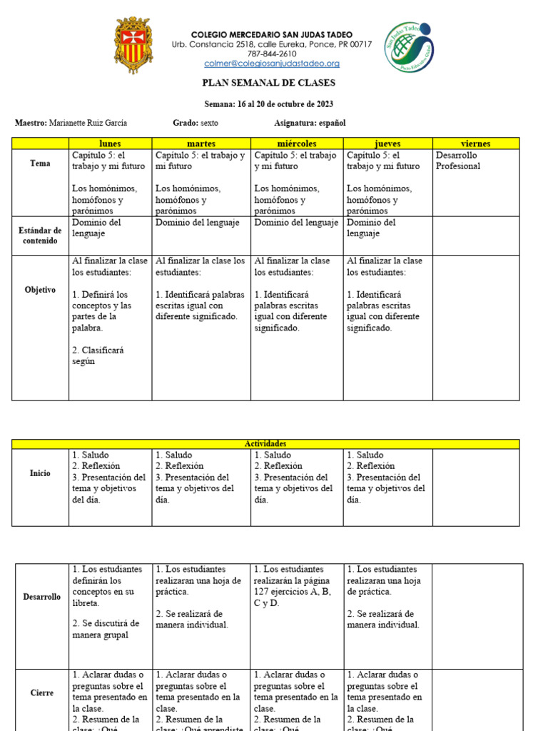 Planificación 16 Al de Octubre 2023 Sexto Grado | PDF