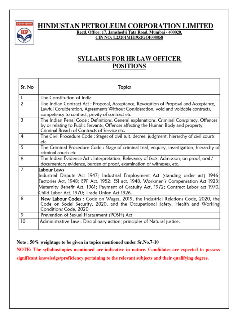HPCL HR Law Officer Syllabus PDF | PDF