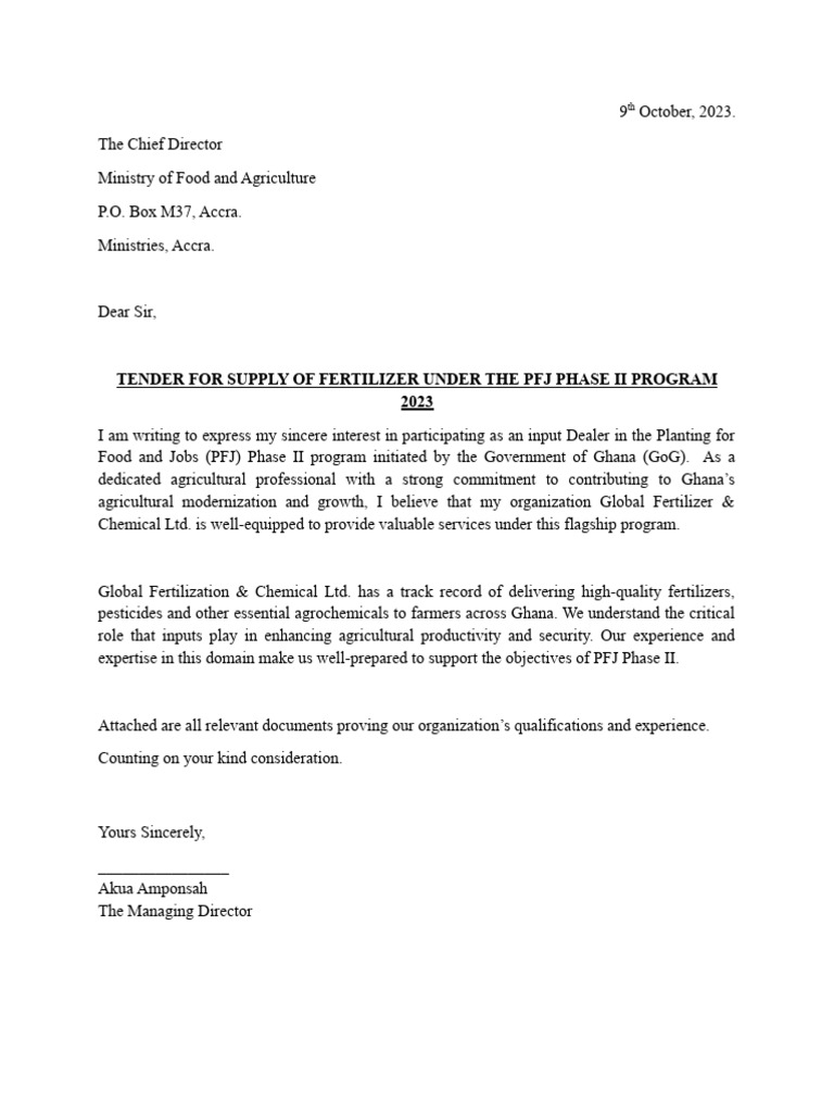 Tender Cover Letter - Supply of Fertilizer Under The PFJ Phase II 2023 ...