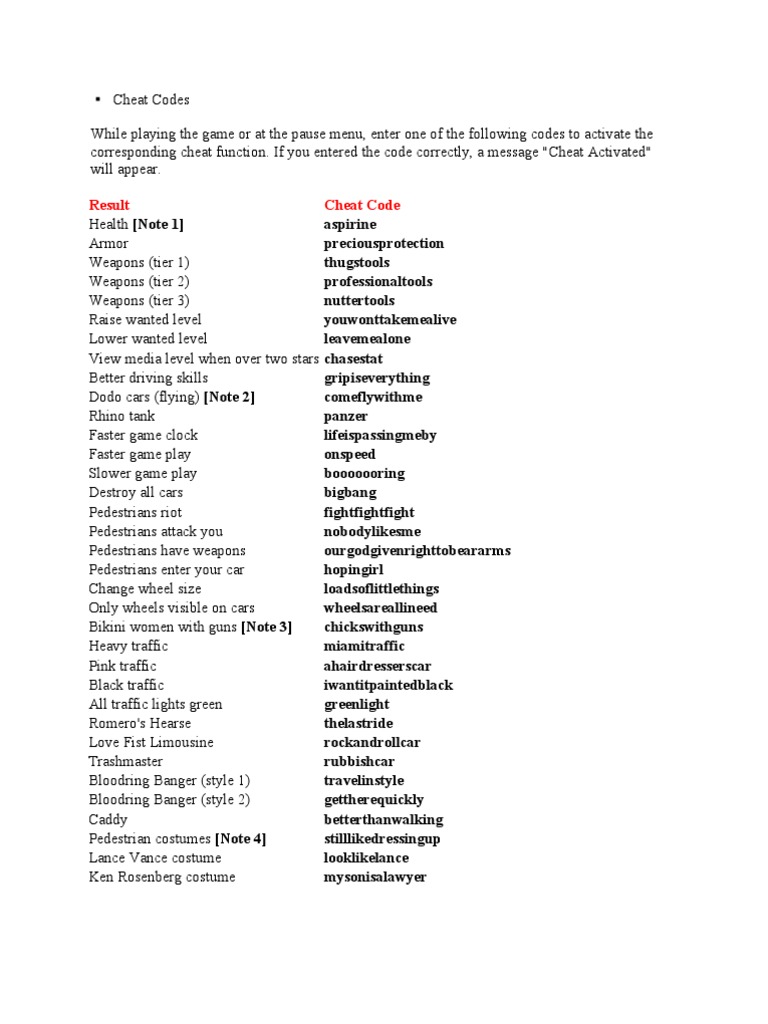 Vice City Cheat Code | PDF | Leisure