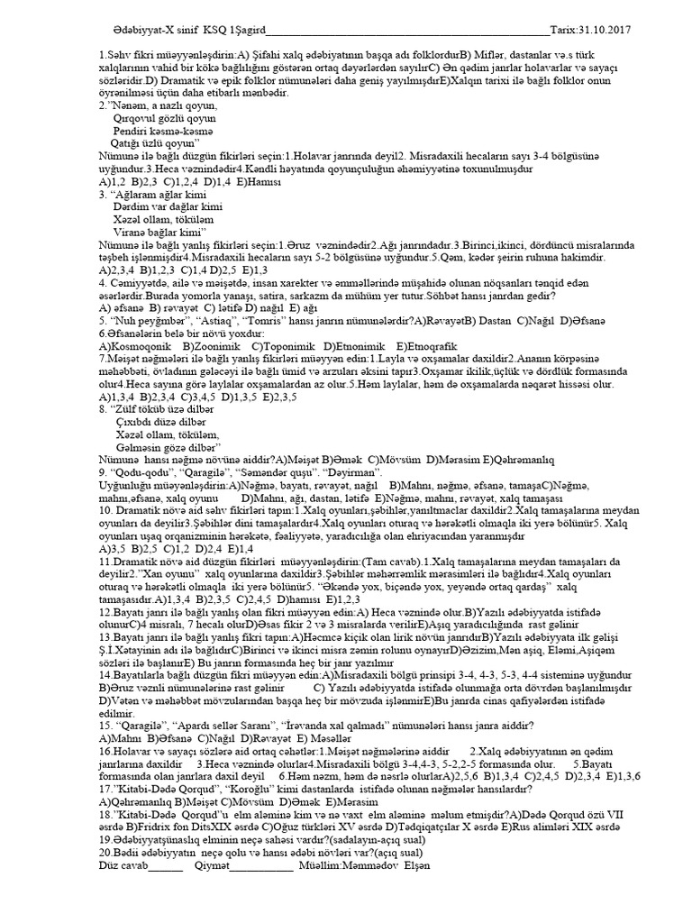 Ədəbiyyat-10 Sinif KSQ 1 | PDF