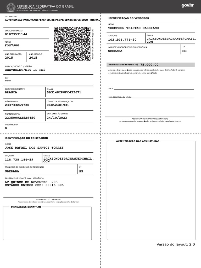 Autorização Para Transferência De Propriedade De Veículo Digital Pdf