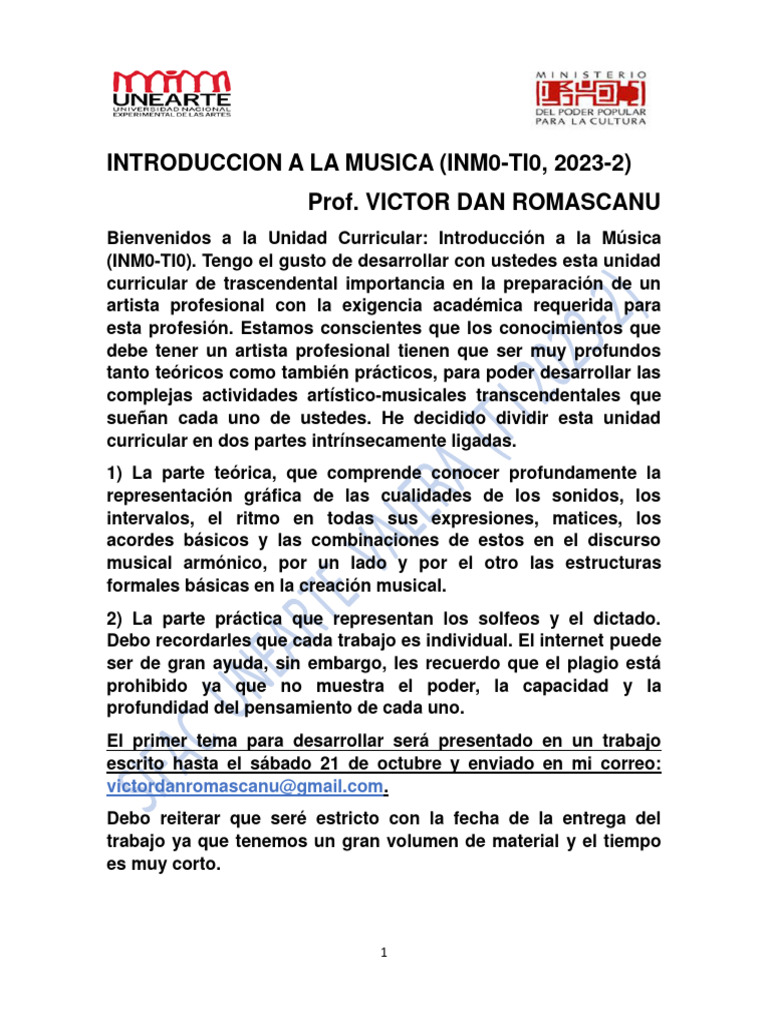 INTRODUCCION A LA MUSICA Tema 1 (2023-2) | PDF