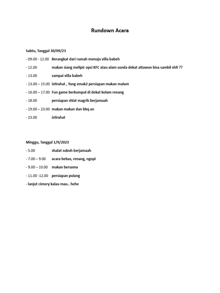 Acara Villa & BBQ Weekend 2023 | PDF