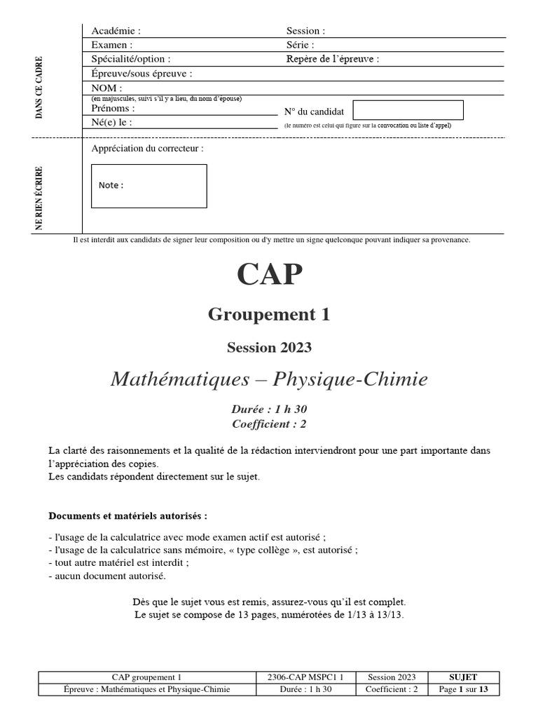 Certificat D Aptitude Professionnelle 2023 - Math Matiques - Physique Chimie - Groupement 1 ...