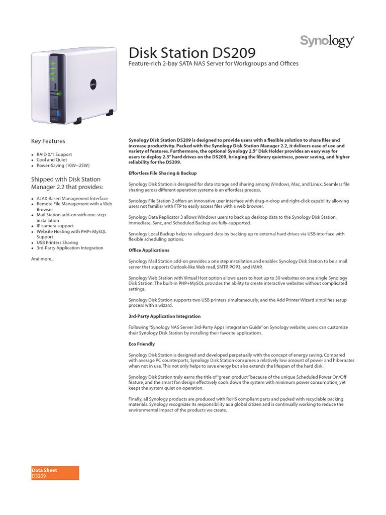 Synology DS209 NAS Overview and Features | PDF | Hard Disk Drive | Backup