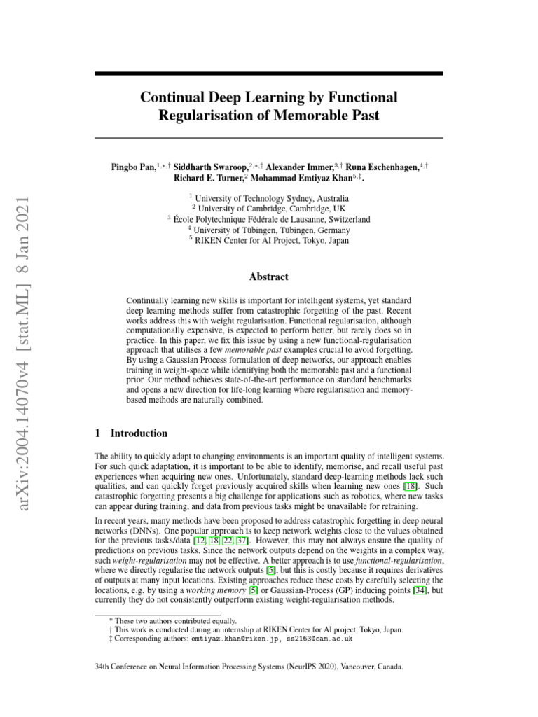 Continual Deep Learning by Functional Regularization of Memorable Past | PDF