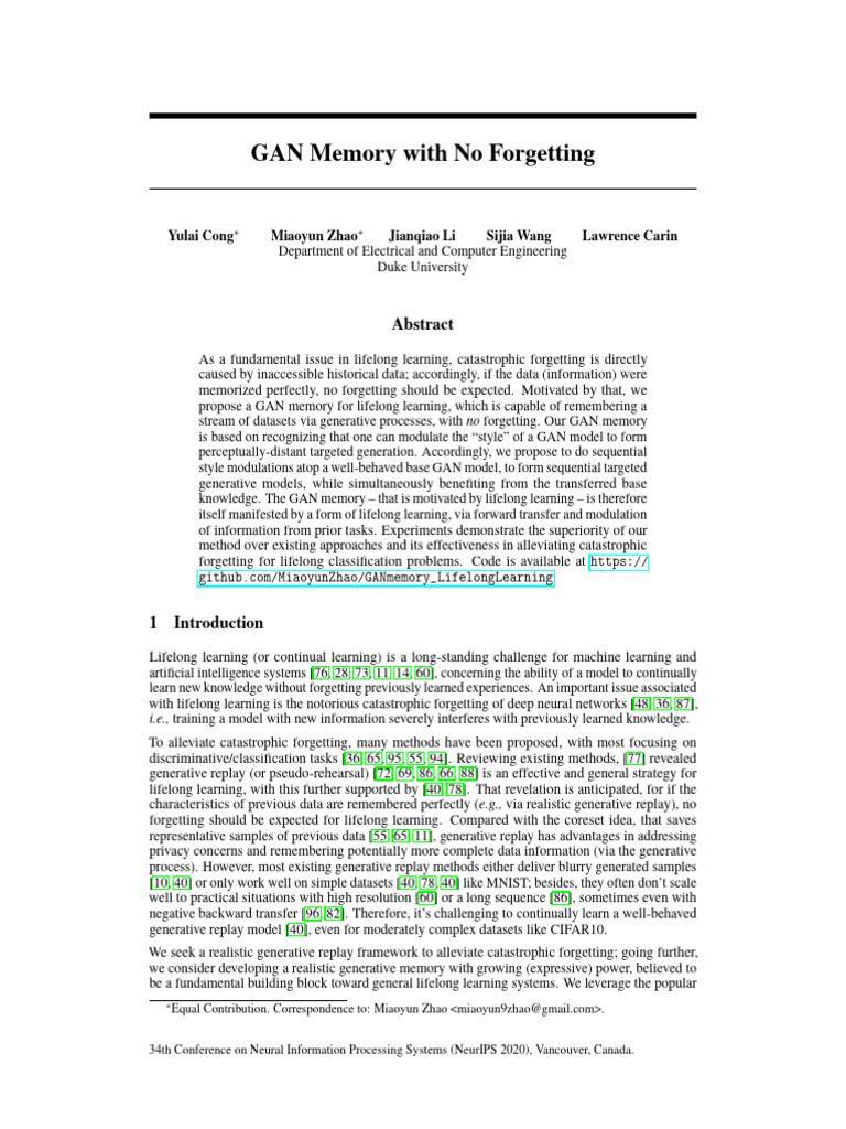 NeurIPS 2020 Gan Memory With No Forgetting Paper | Download Free PDF ... NeurIPS 2020 Gan Memory With No Forgetting Paper | Download Free PDF ...