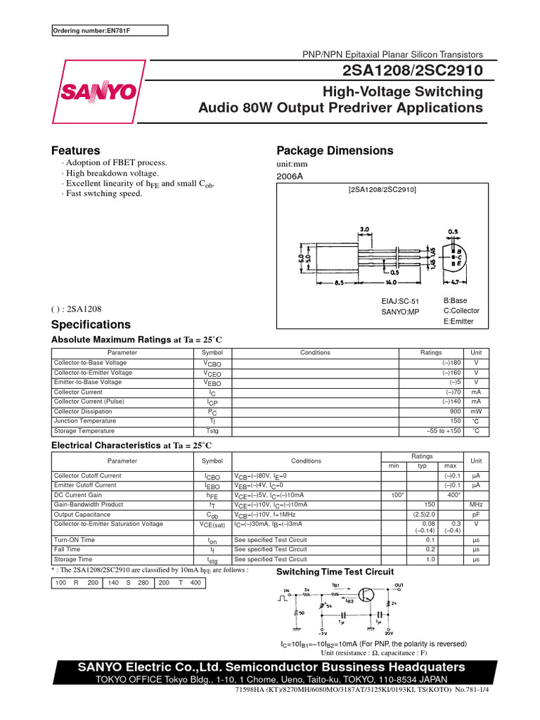 A1208 SanyoSemiconDevice | PDF | Bipolar Junction Transistor | Electrical Equipment