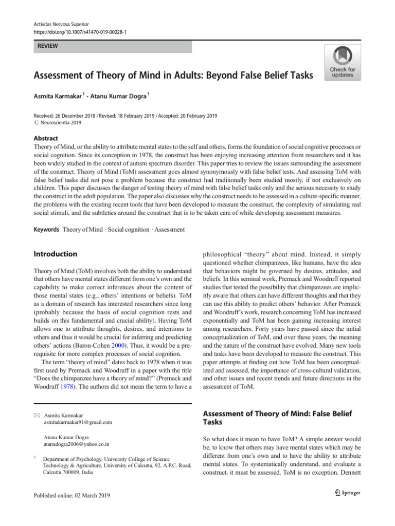 Assessment of Theory of Mind in Adults: Beyond False Belief Tasks | PDF