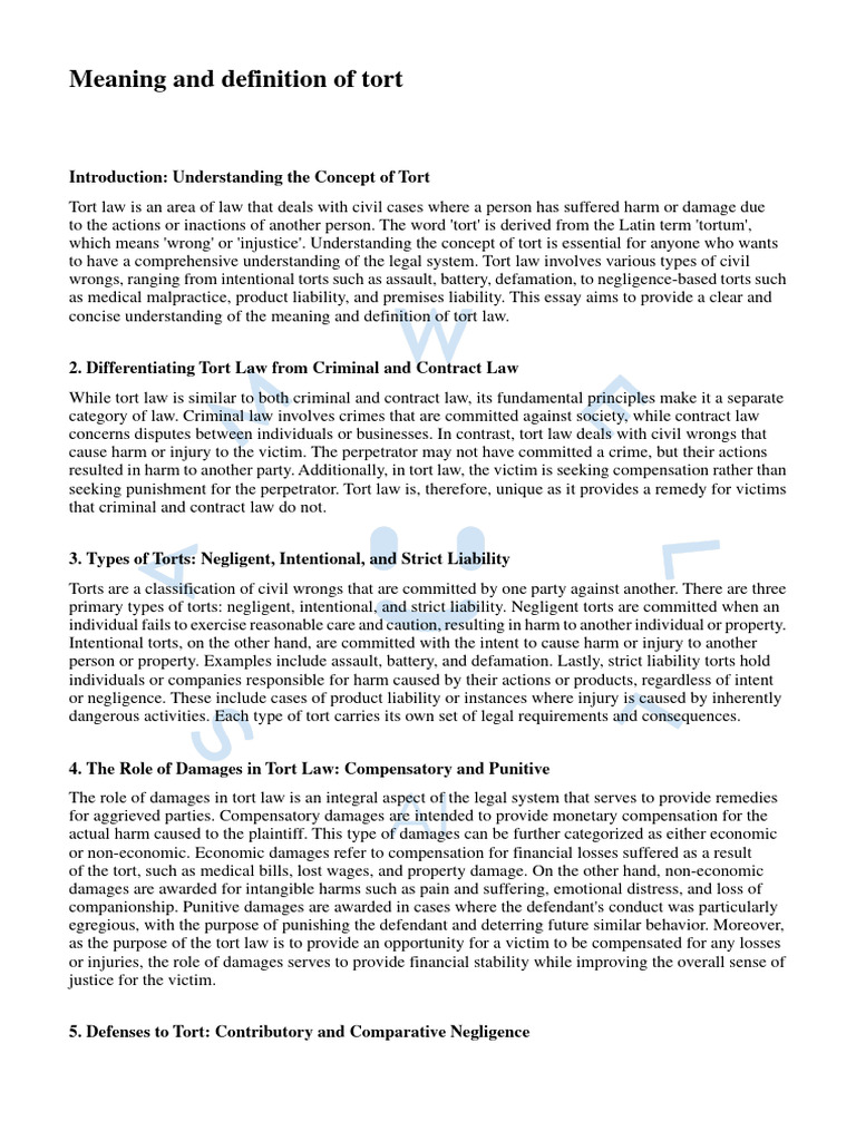 Meaning and Definition of Tort | PDF | Tort | Damages