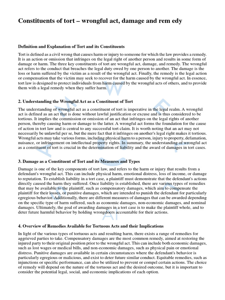 Constituents of Tort - Wrongful Act, Damage and Rem Edy | PDF