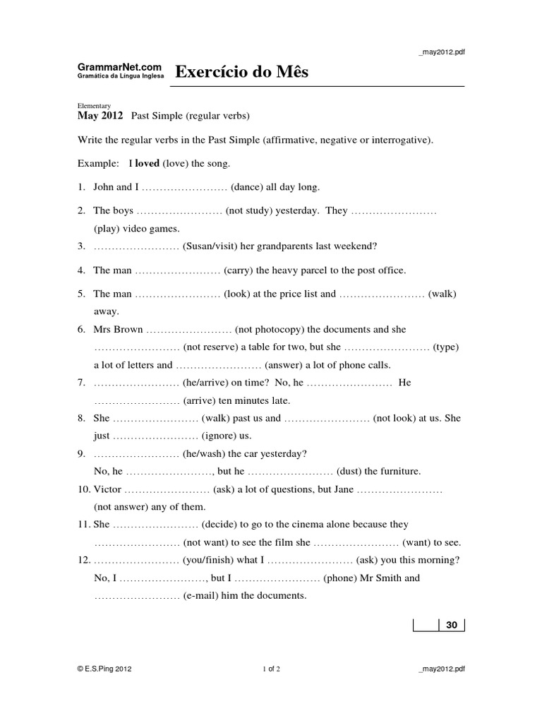 Class 6 Past Simple Verb Exercise | PDF