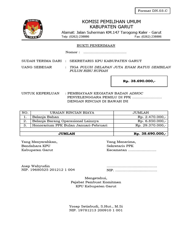 Format Dn.03.c Bukti Penerimaan Dana Tahapan Pemilu PPK | PDF