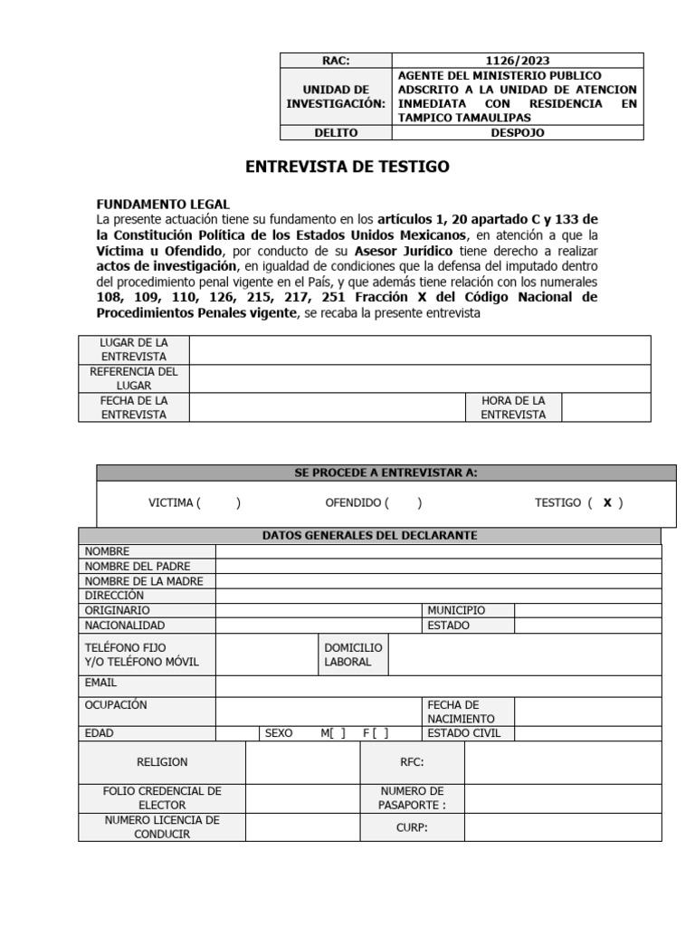 Formato Entrevista Testigo Pdf Justicia Crimen Y Violencia