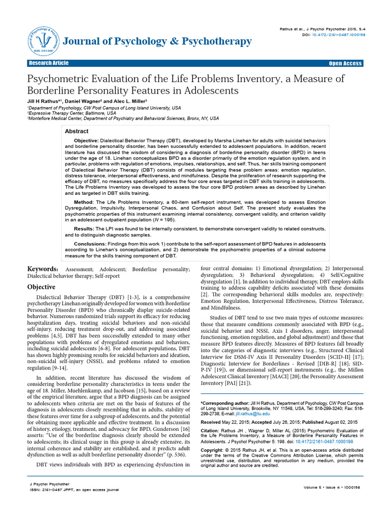 Psychometric Evaluation of The Life Problems Inventory A Measure of ...