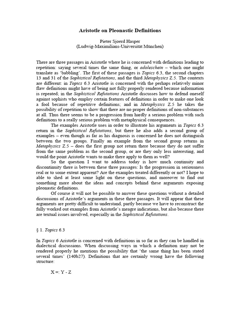Aristotle's Pleonastic Definitions Analysis | PDF | Definition | Aristotle