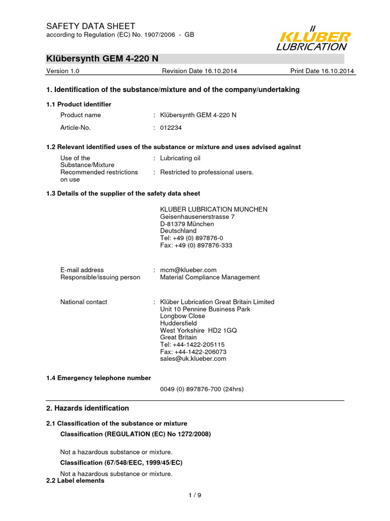 Klübersynth GEM 4-220 N Safety Data Sheet | PDF | Personal Protective ...