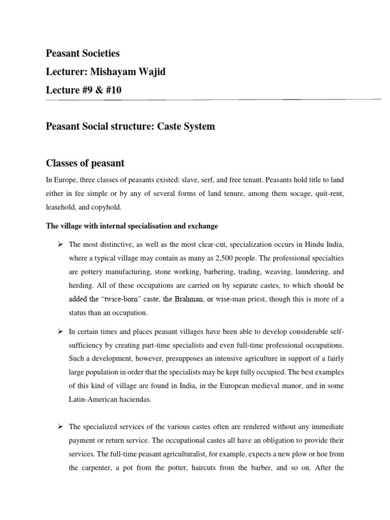 Peasant Societies: Caste vs. Feudalism | PDF