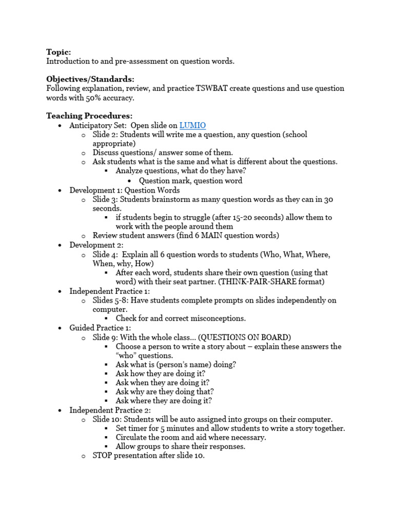 Lesson Plan Question Words PDF | PDF