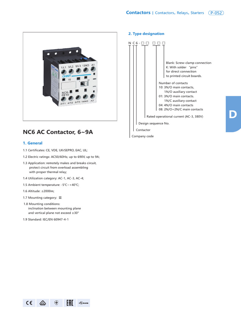 NC6 AC Contactor, 6 9A: 1. General | PDF | Relay | Electrical Components