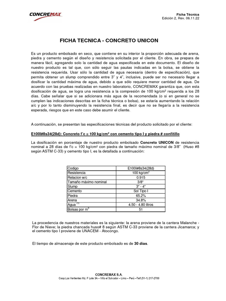 Ficha Técnica de Concreto UNICON | PDF | Hormigón | Cemento
