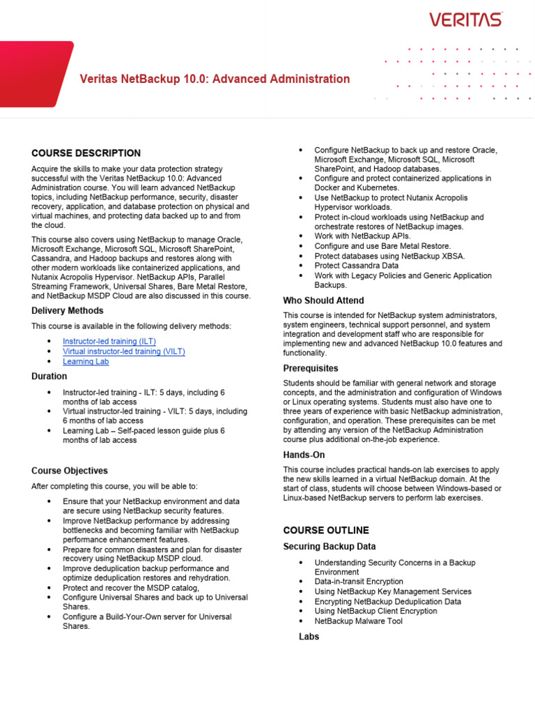 Veritas NetBackup v10 Advanced Administration | PDF | Backup | Databases Veritas NetBackup v10 Advanced Administration | PDF | Backup | Databases