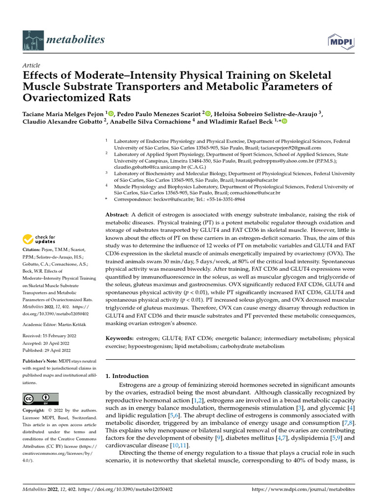 35 Pejon Et Al., 2022 Metabolites | PDF | Skeletal Muscle | Metabolism