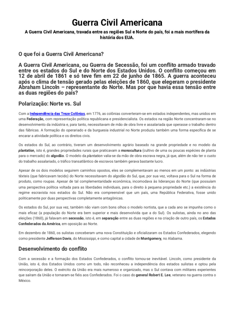 Conflito Norte-Sul nos EUA | PDF | Estados Confederados da América ...
