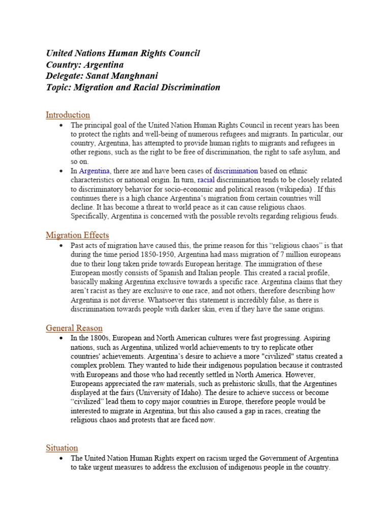 Argentina Position Paper - Sanat 8A | PDF | Discrimination & Race ...