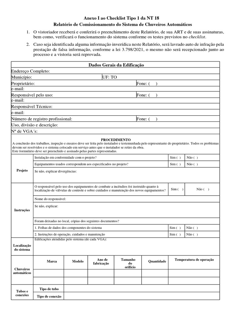 Tipo 1 NT 18 Anexo I Termo De Comissionamento De Chuveiros Automaticos