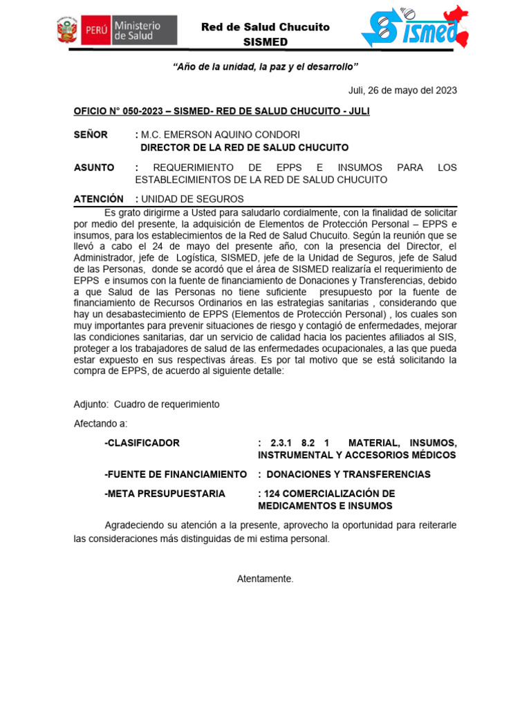 Solicitud de EPPS para Red de Salud Chucuito | PDF | Cuidado de la ...
