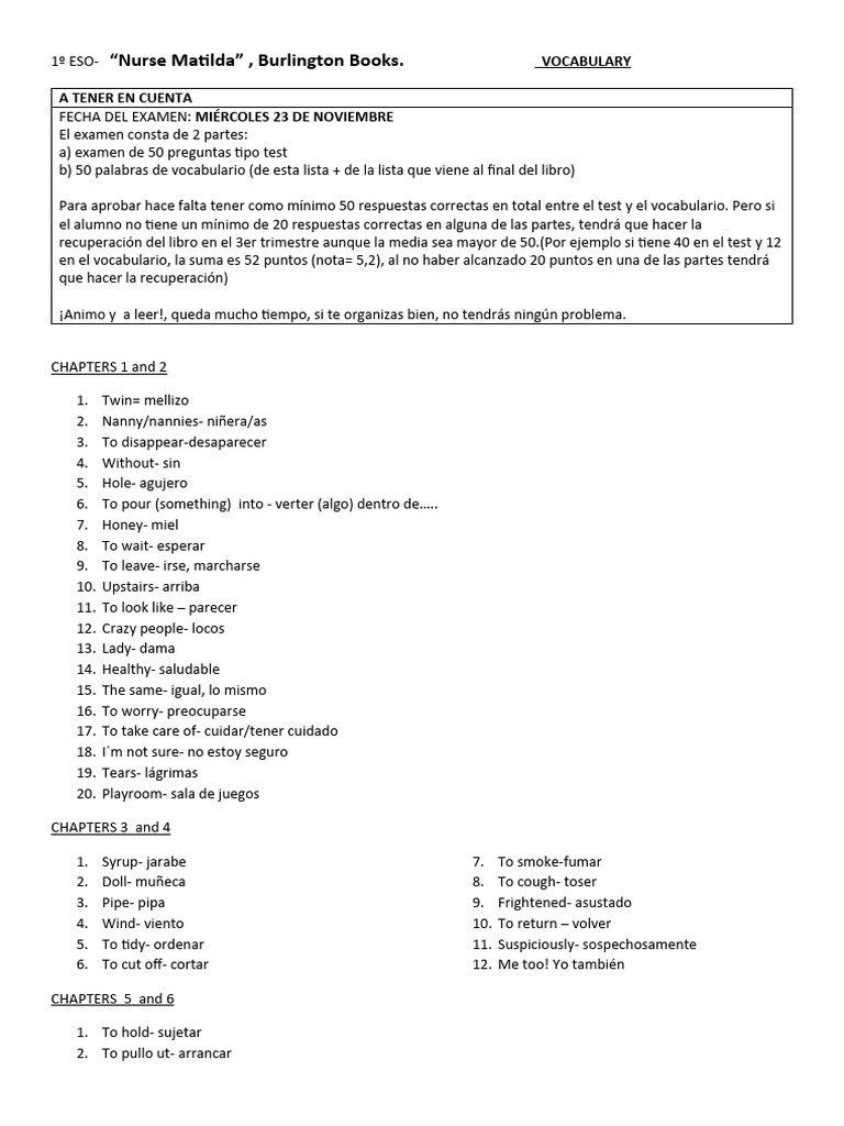 Vocabulario para "Nurse Matilda" 1º ESO | PDF