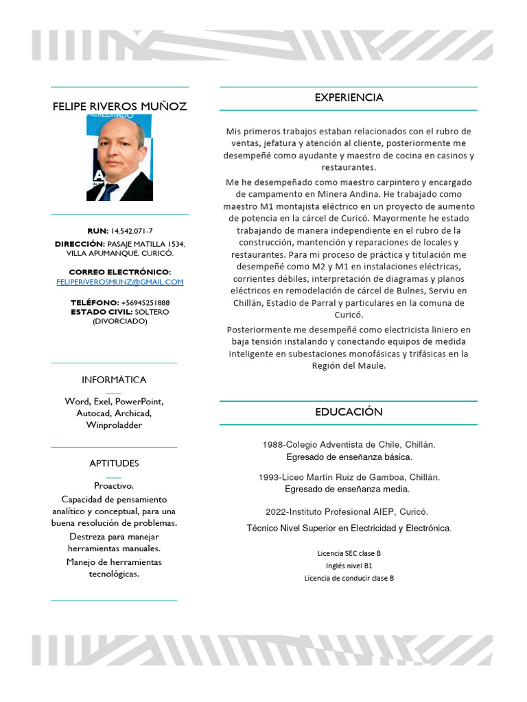 Currículum Felipe Riveros Muñoz FARM | PDF | Electricidad | Ingenieria Eléctrica