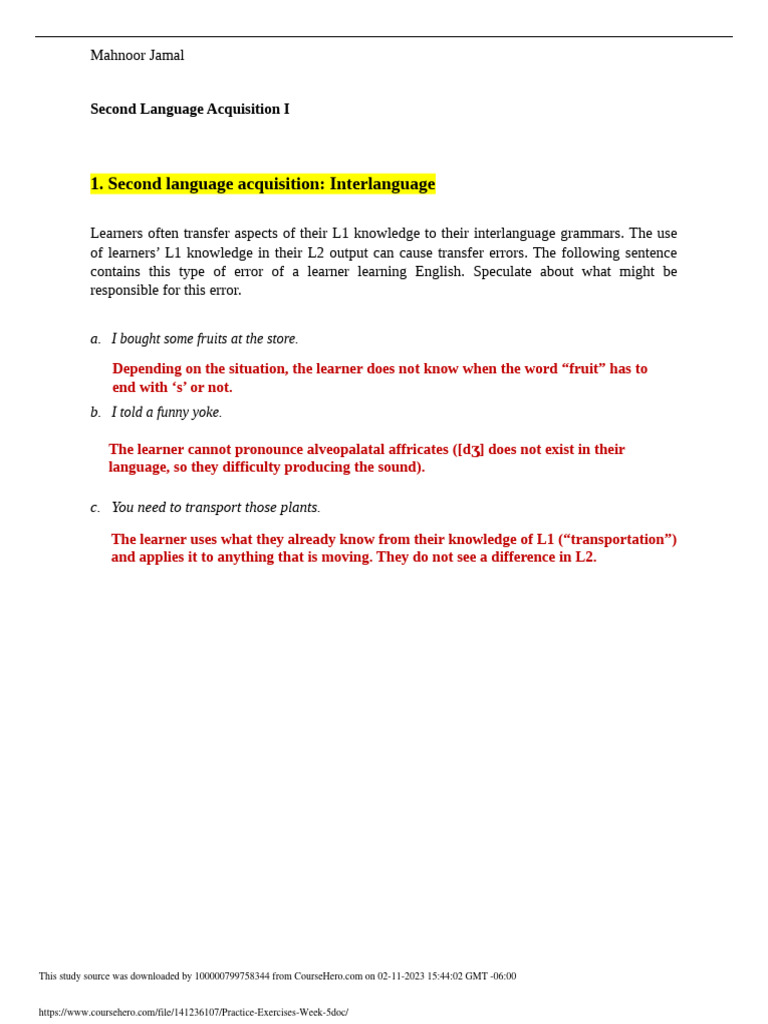 Practice Exercises Week 5 | PDF | Second Language Acquisition | English ...