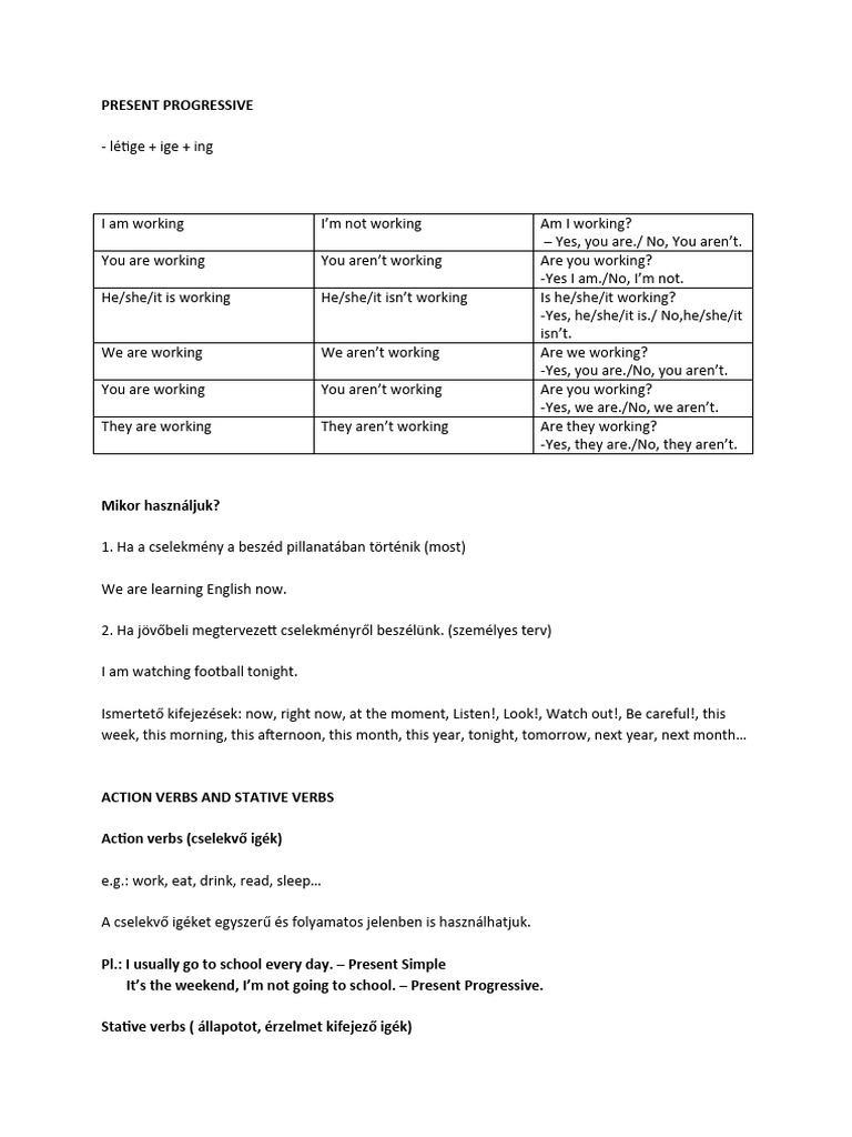 PRESENT PROGRESSIVE - Action - and - Stative - Verbs | PDF