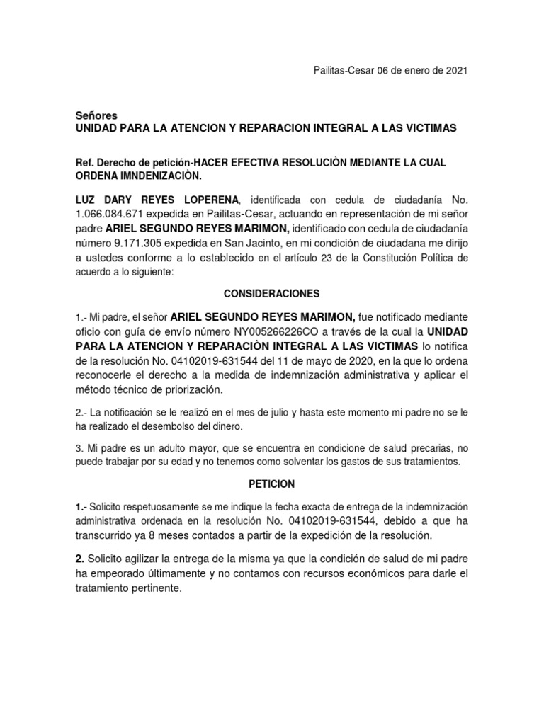 Derecho de Peticion Ariel Segundo Reyes Marimon | PDF | Daños y perjuicios | Violación