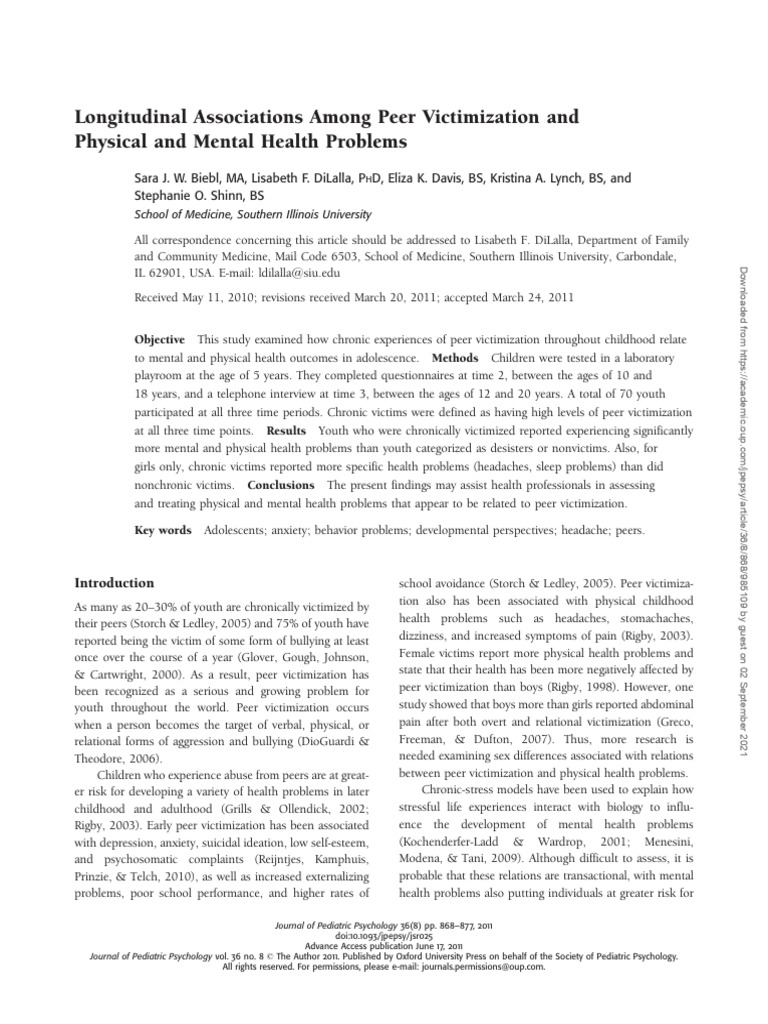Longitudinal Associations Among Peer Victimization And Pdf Bullying