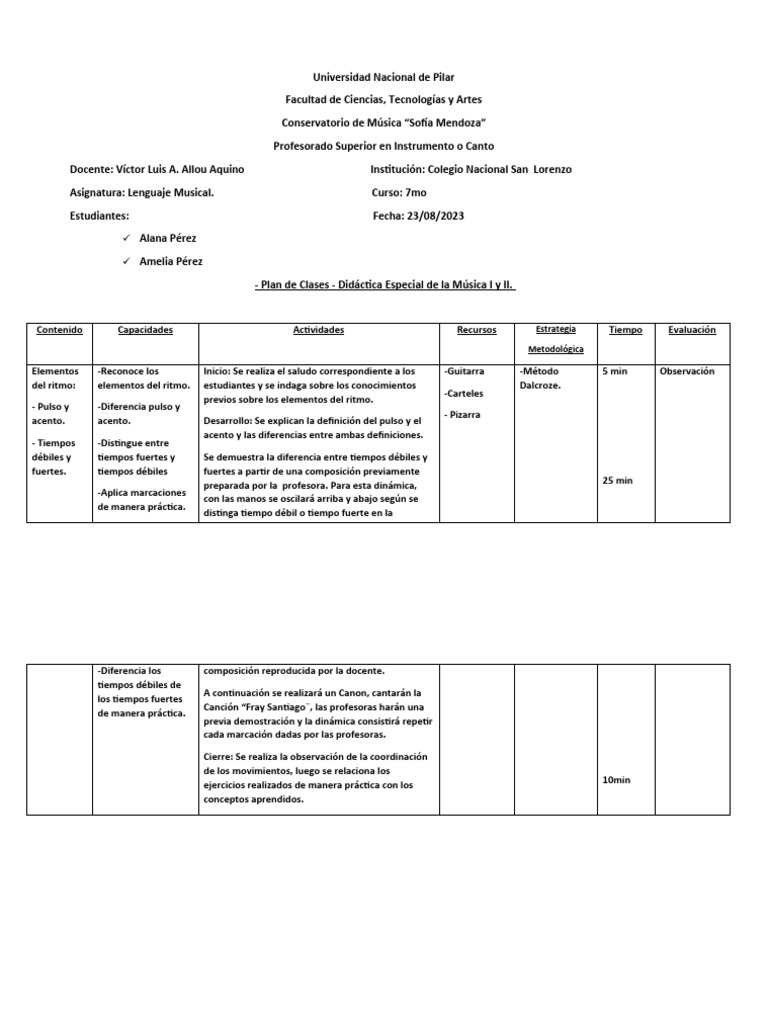 Plan de Clase 23-08-2023 | PDF | Ritmo | Cognición Plan de Clase 23-08-2023 | PDF | Ritmo | Cognición