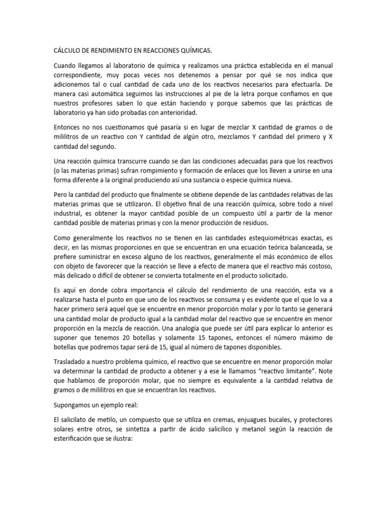 Cálculo de Rendimiento Químico | PDF | Reacciones químicas | Mole (Unidad)
