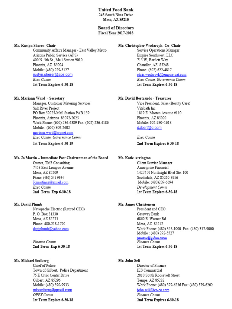 United Food Bank Board Members 2017-18 | PDF | Phoenix | Arizona
