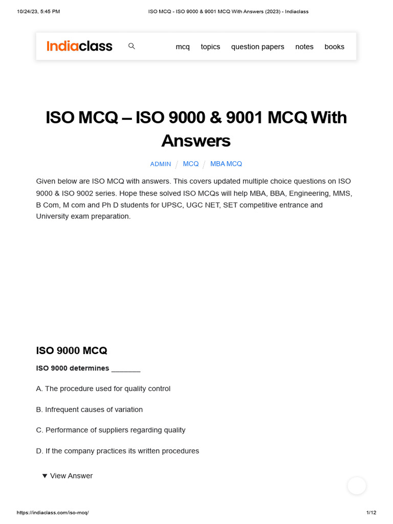 ISO MCQ - ISO 9000 & 9001 MCQ With Answers (2023) - Indiaclass | PDF ...