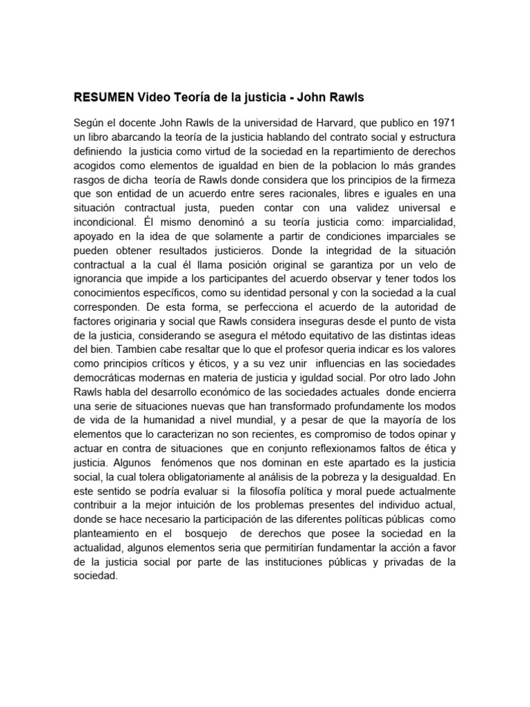 Resumen Video y Conlusiones. | PDF | John Rawls | Justicia