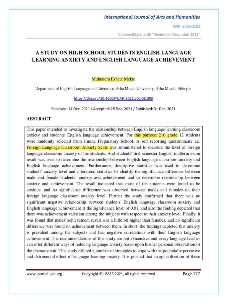 Etiopia FLCAS y English Achievemtn | PDF | Anxiety | English As A ...