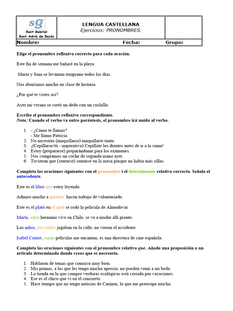 Ejercicios Pronombres Pers, Rela y Reflex | PDF | Lingüística